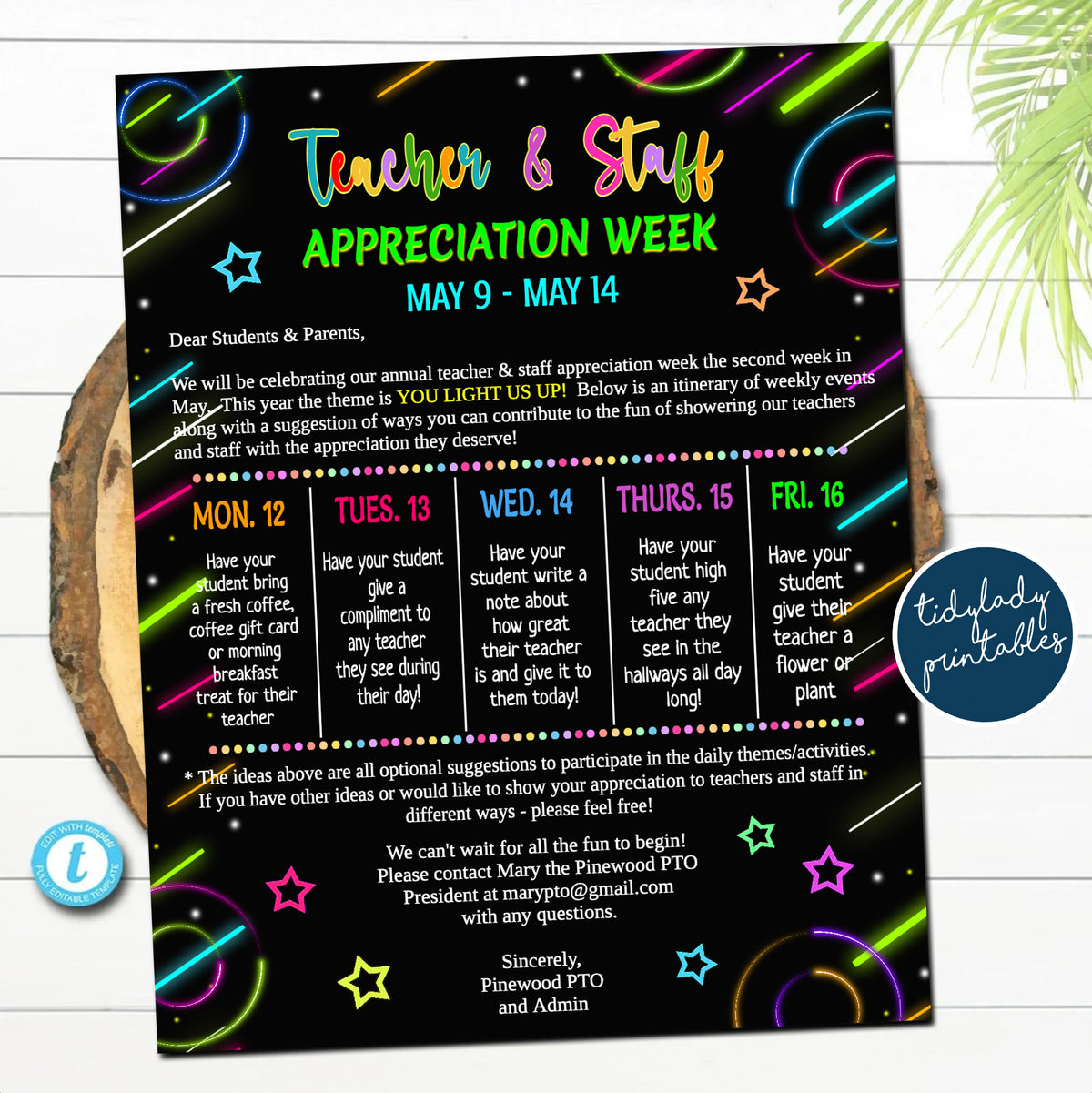 Glow in the Dark Neon Theme Appreciation Week Itinerary Template ...