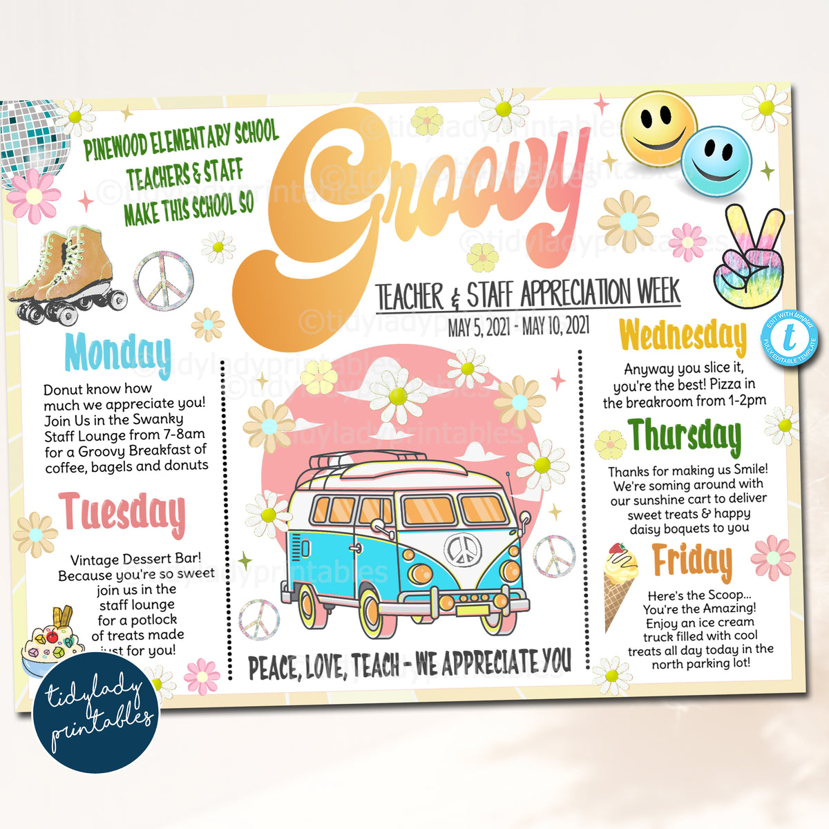Groovy 60s 70s Theme Teacher Staff Appreciation Week Itinerary ...