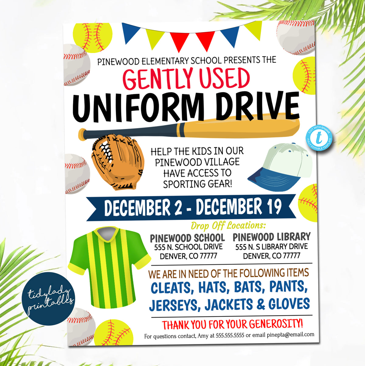 Baseball Softball Uniform Drive Editable Flyer Template — TidyLady ...