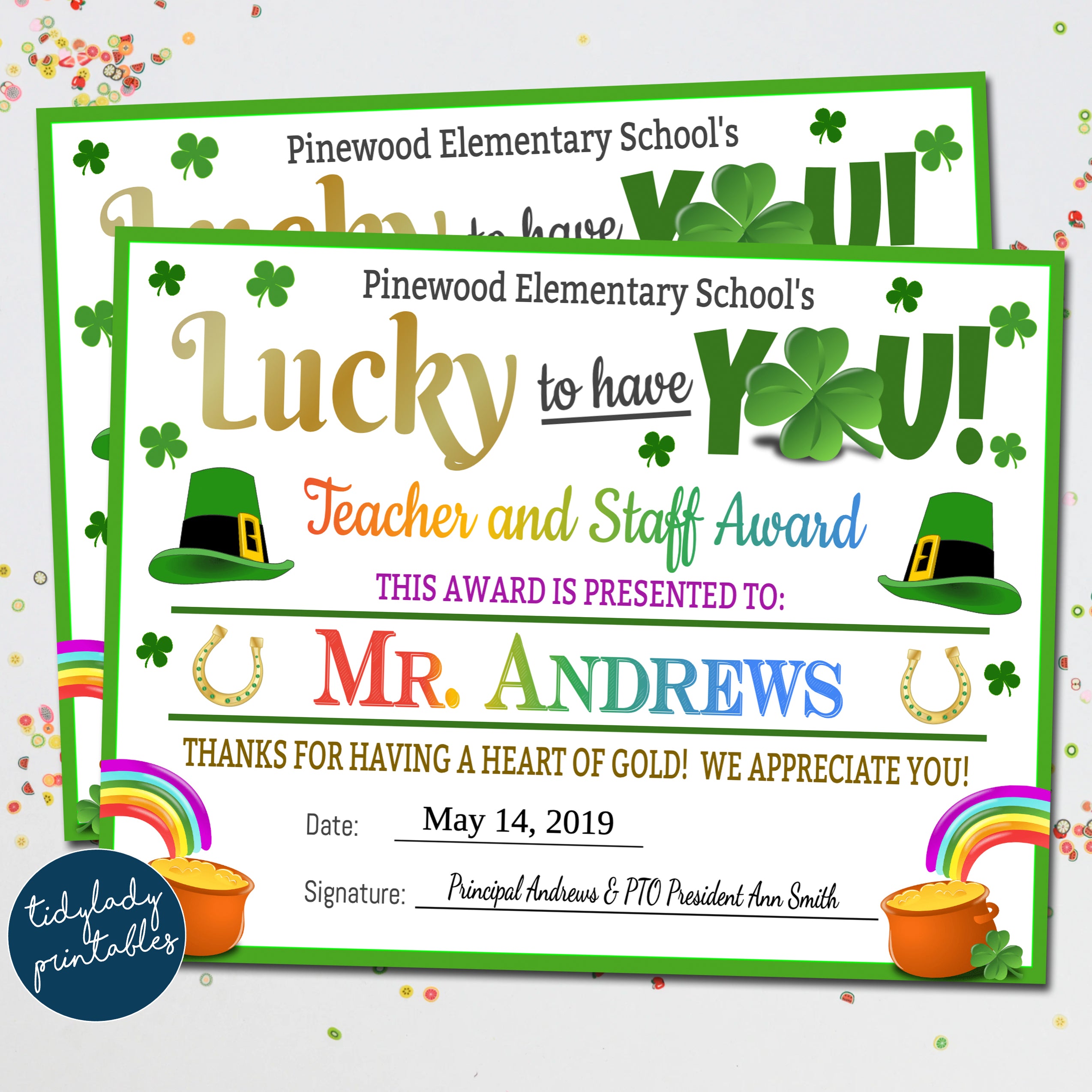 St. Patrick's Day Theme Teacher Appreciation Award Certificates ...