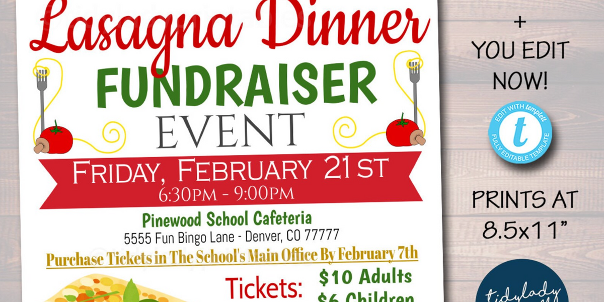 Lasagna Dinner Fundraiser Flyer, Community School Benefit Event ...