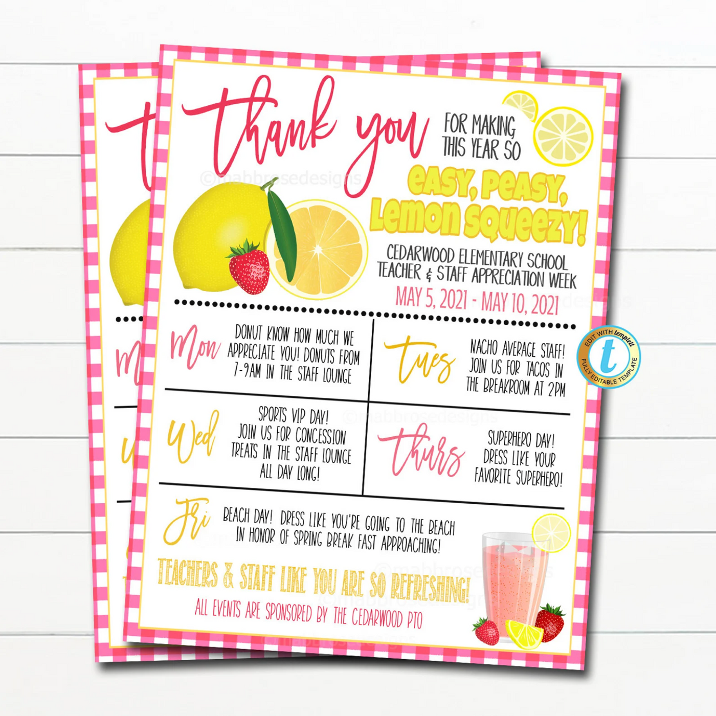 Teacher Appreciation Week Itinerary, Fruit Theme Thank You Week ...
