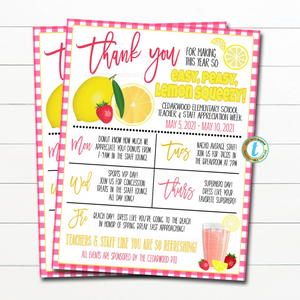 Teacher Appreciation Week Itinerary, Fruit Theme Thank You Week ...