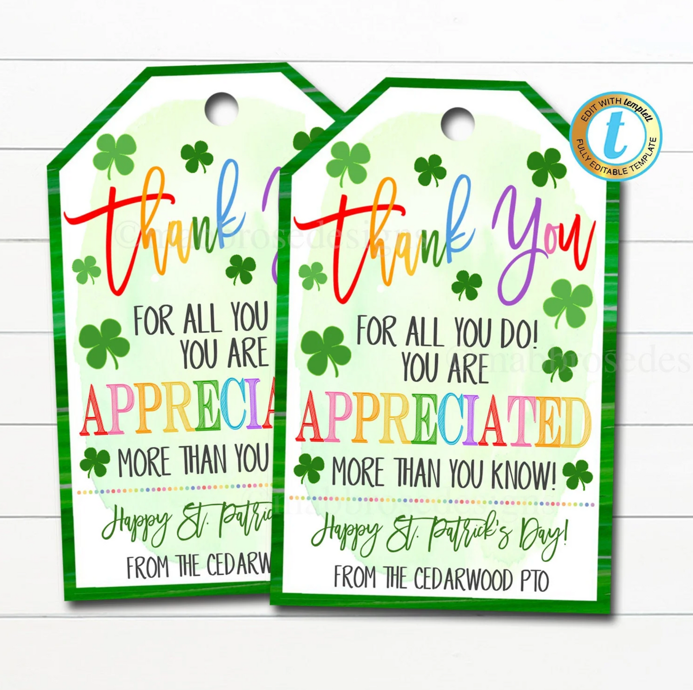St. Patrick's Day Theme Teacher Appreciation Week Printable Party Set ...