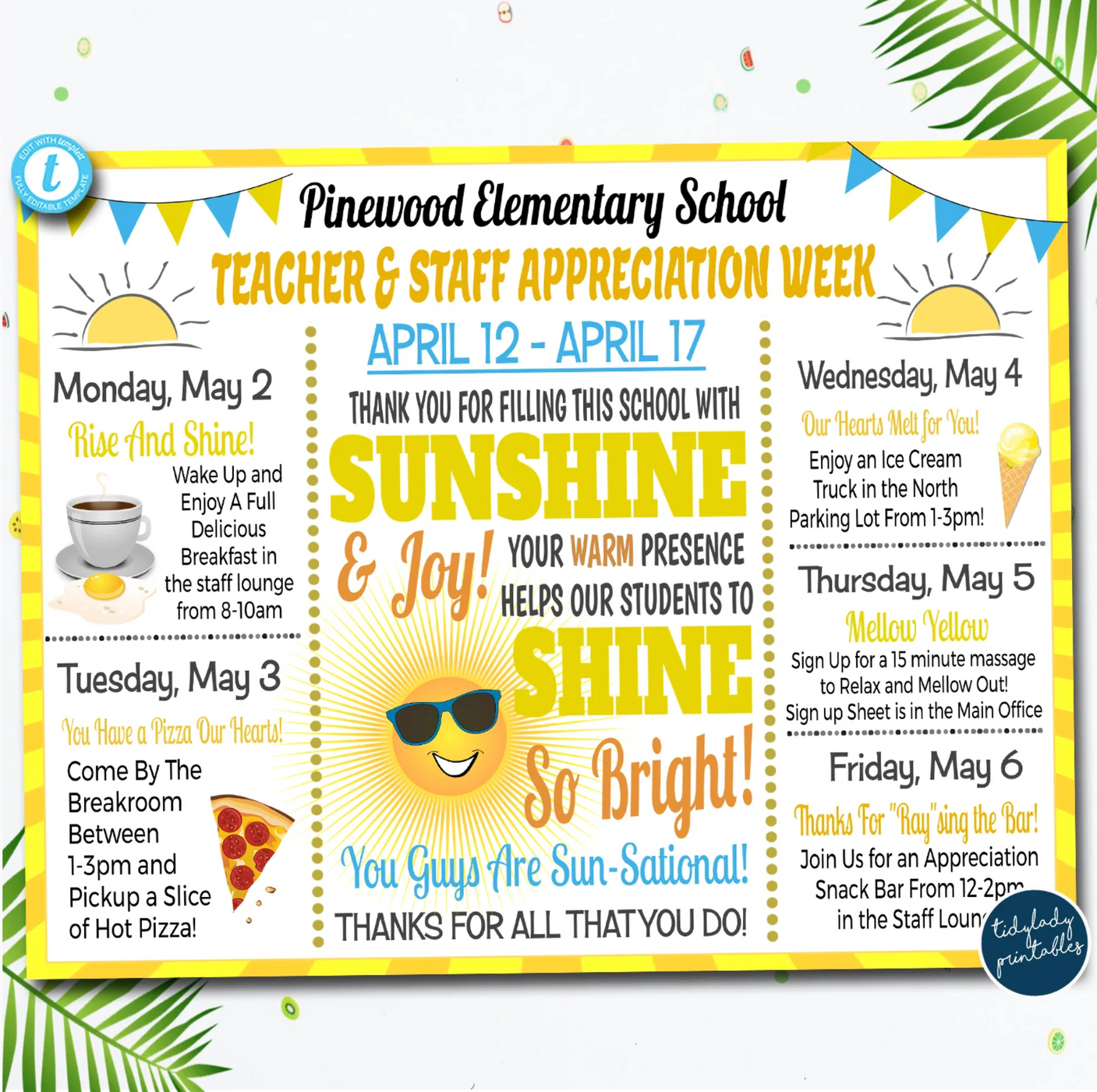Sunshine Theme Teacher Appreciation Week Printable Party Set — TidyLady ...