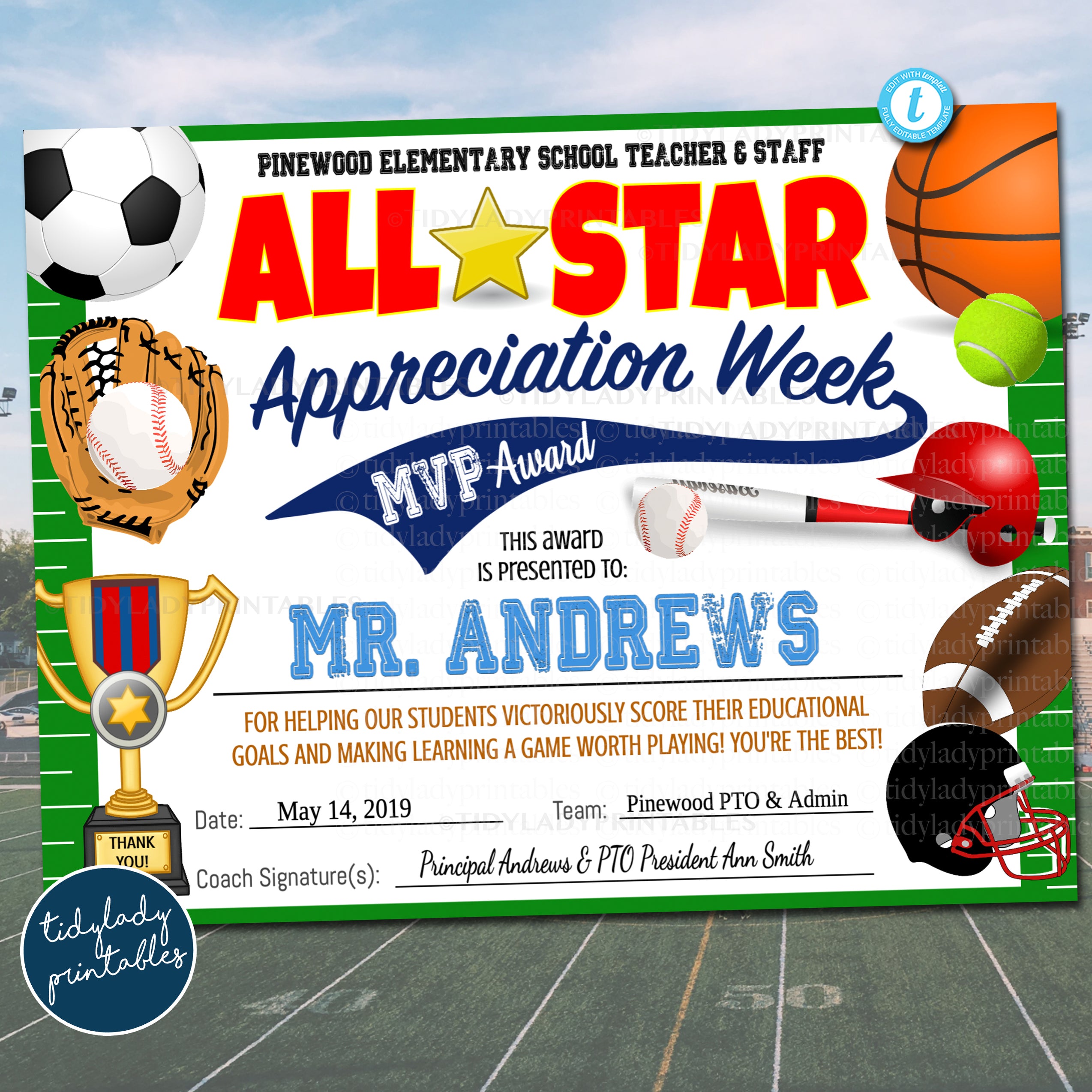 All Star Sports Theme Teacher Appreciation Week Award Template ...