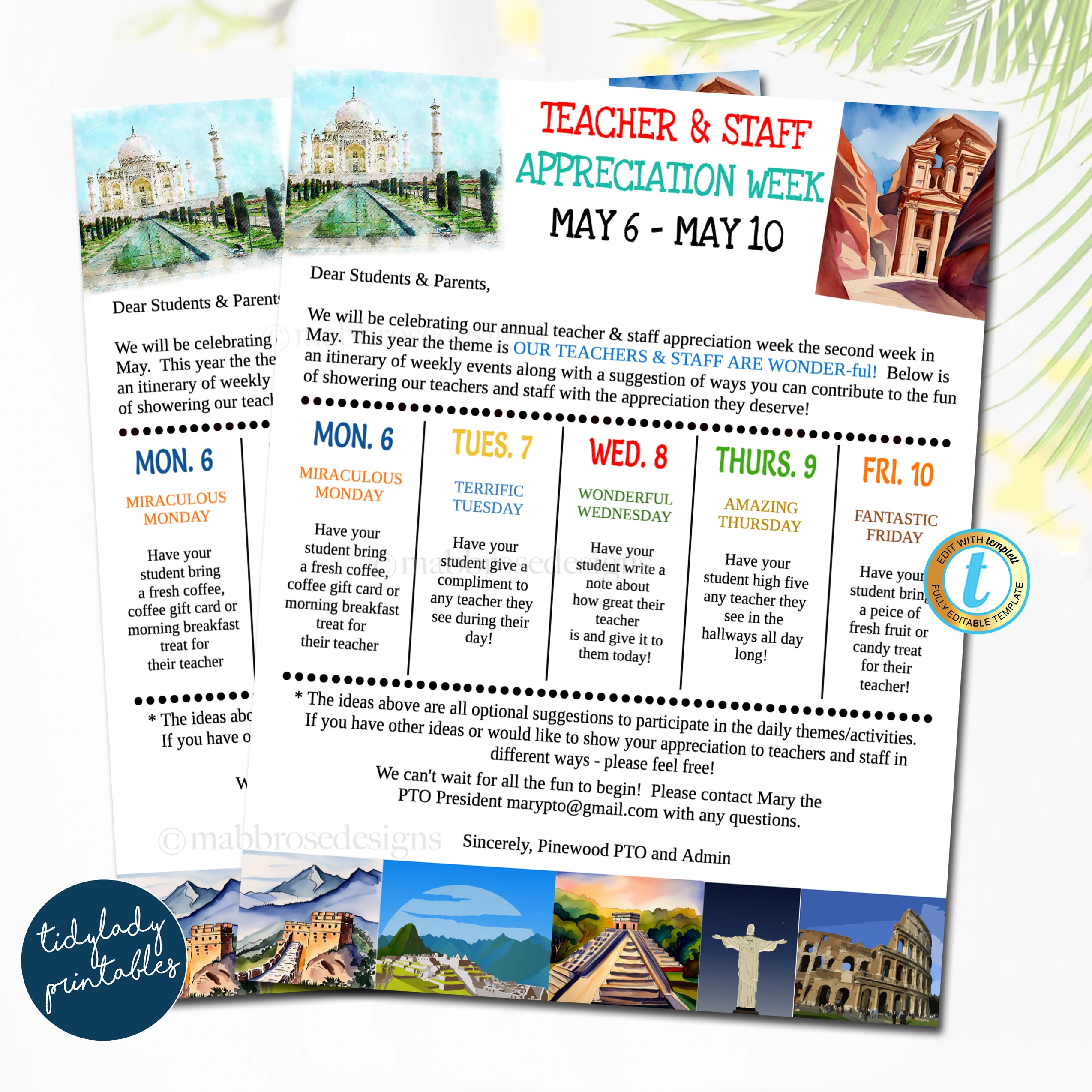 7 Wonders of the World Appreciation Week Itinerary Template — TidyLady ...