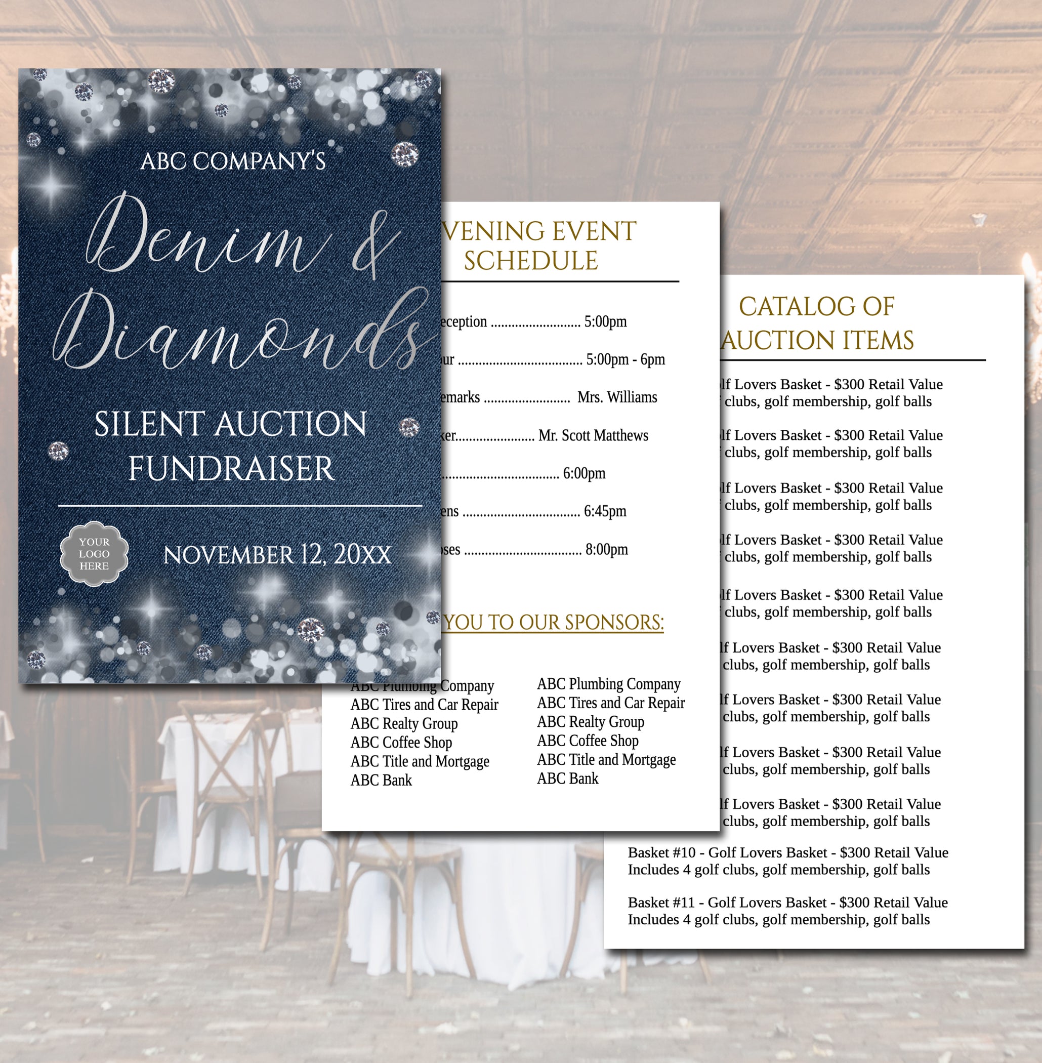 Denim and Diamonds Theme Silent Auction Template Set — TidyLady Printables