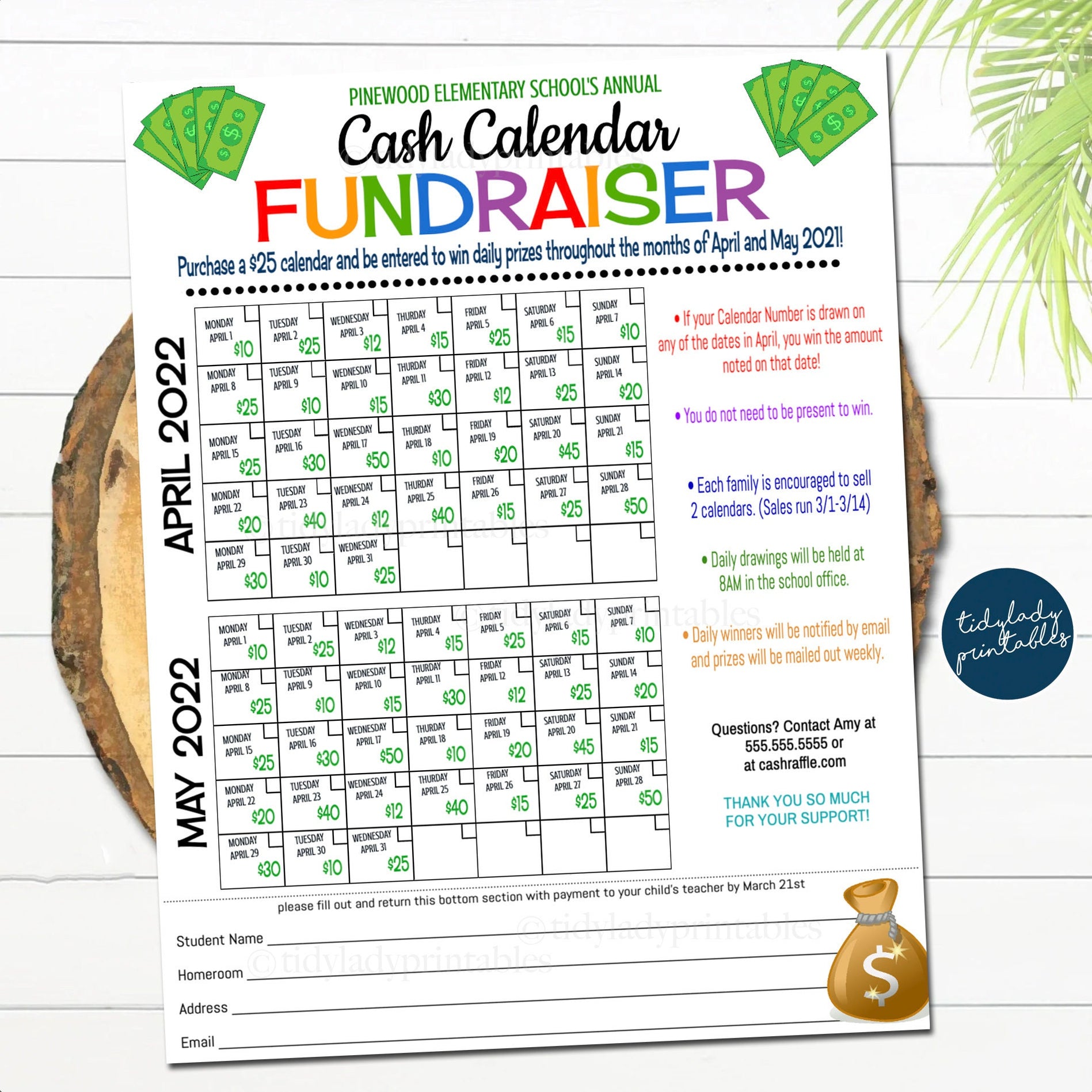 Cash Calendar Fundraiser Flyer, Printable Handout Take Home — TidyLady ...