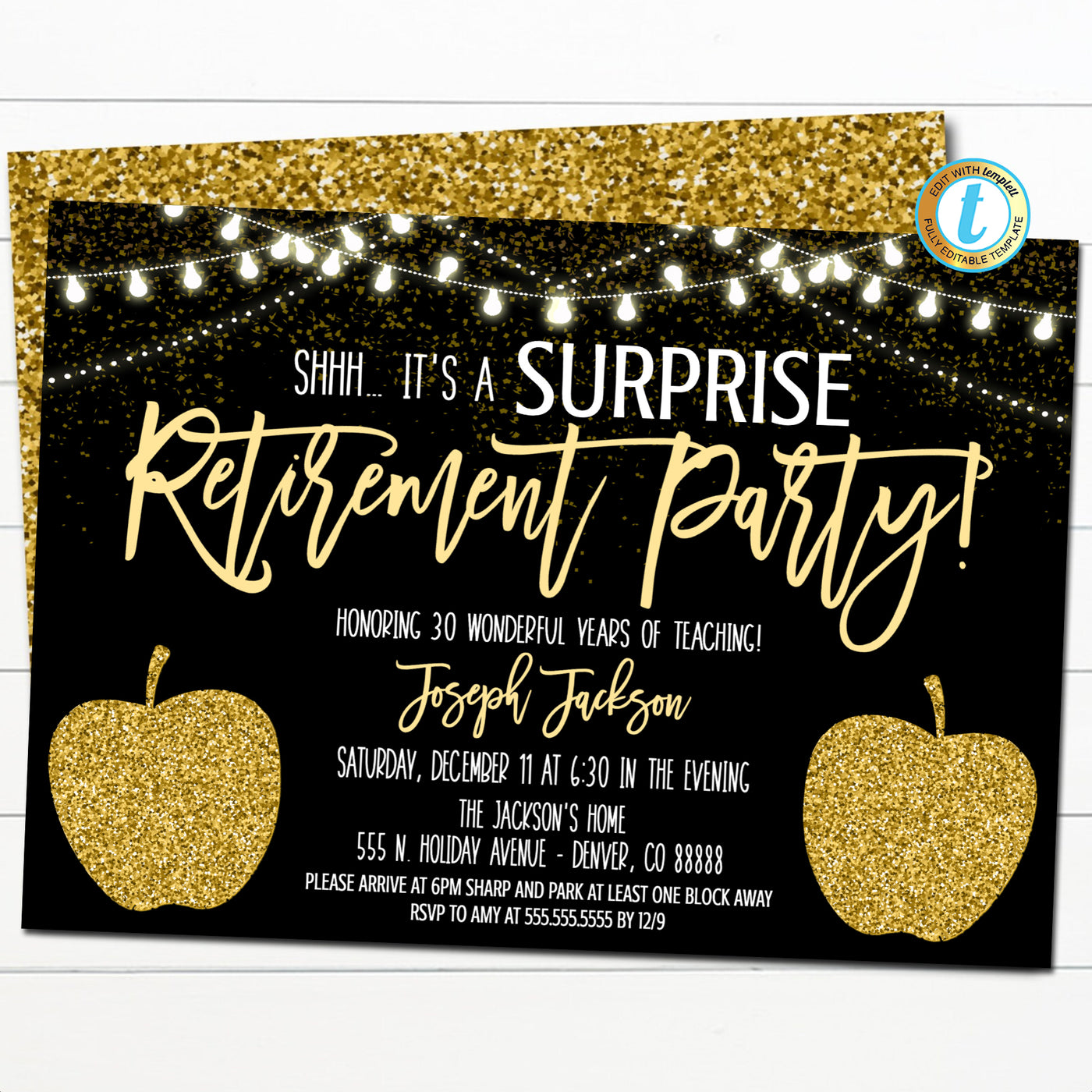 Editable Teacher Retirement Invitation Black Golden Apple — TidyLady ...