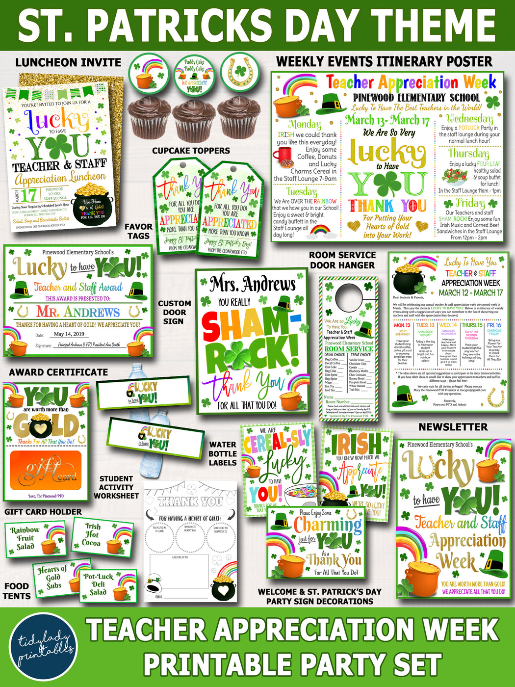 St. Patrick's Day Theme Teacher Appreciation Week Printable Party Set ...