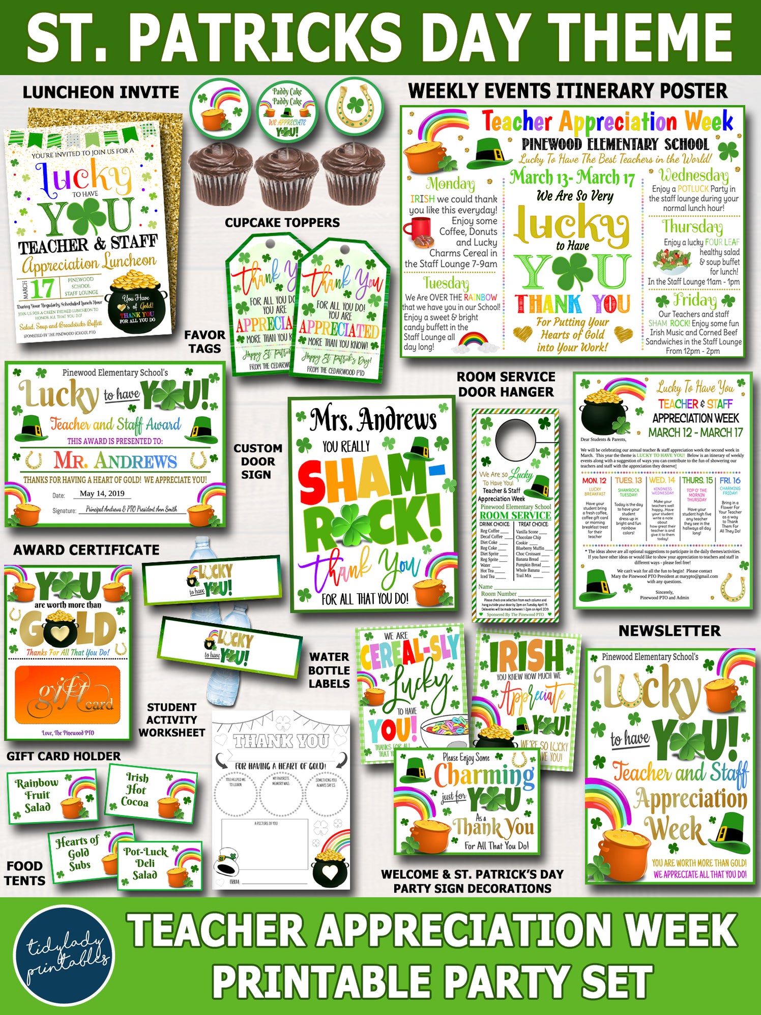 St. Patrick's Day Theme Teacher Appreciation Week Printable Party Set ...