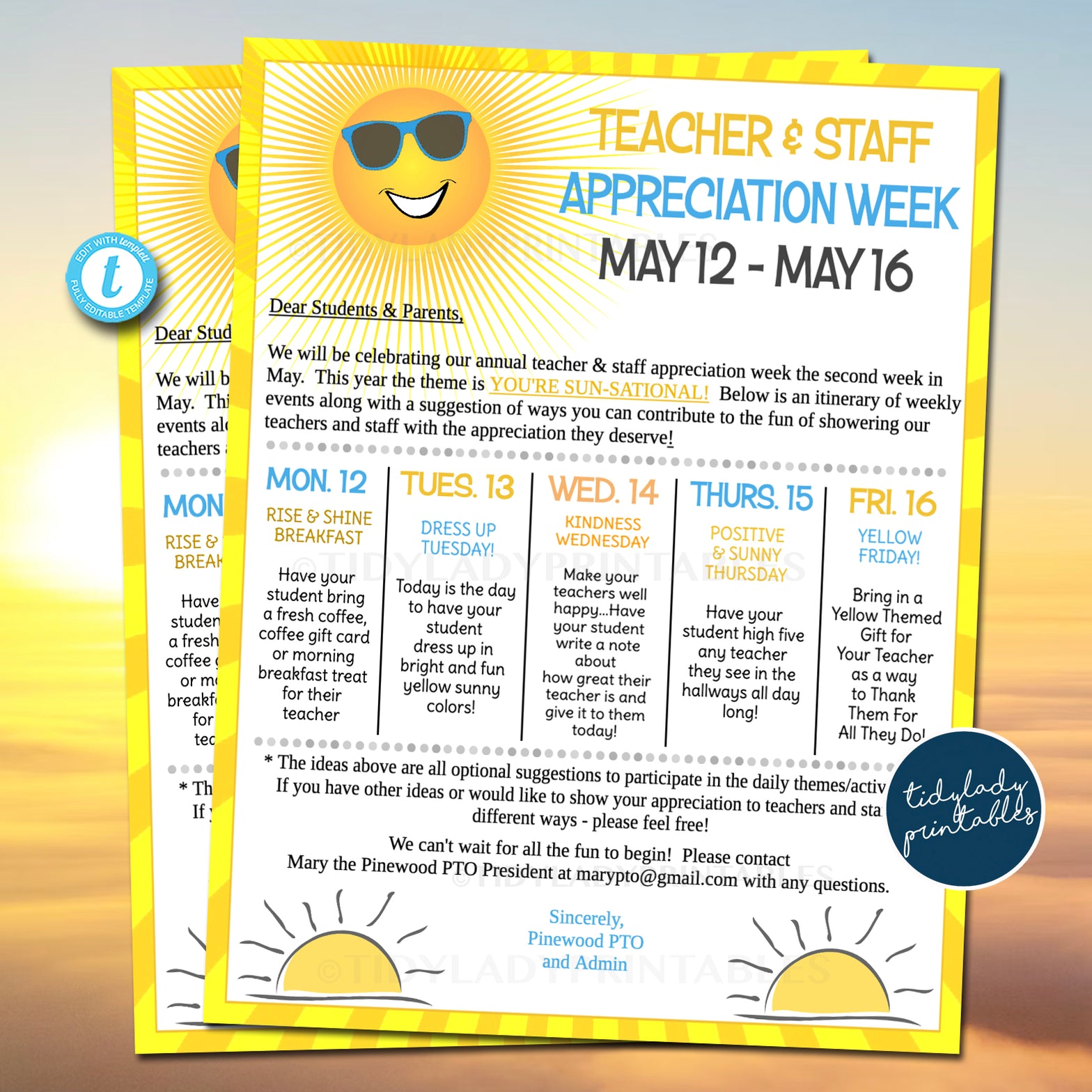 Sunshine Theme Teacher Appreciation Week Printable Party Set — TidyLady ...