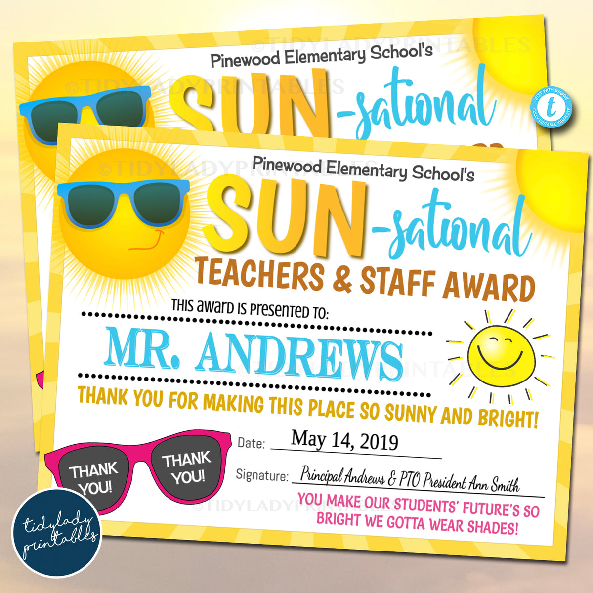 Sunshine Theme Teacher Appreciation Week Award Certificate — TidyLady ...