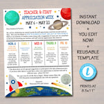 Outer Space Theme Teacher Appreciation Week Printable Party Set ...