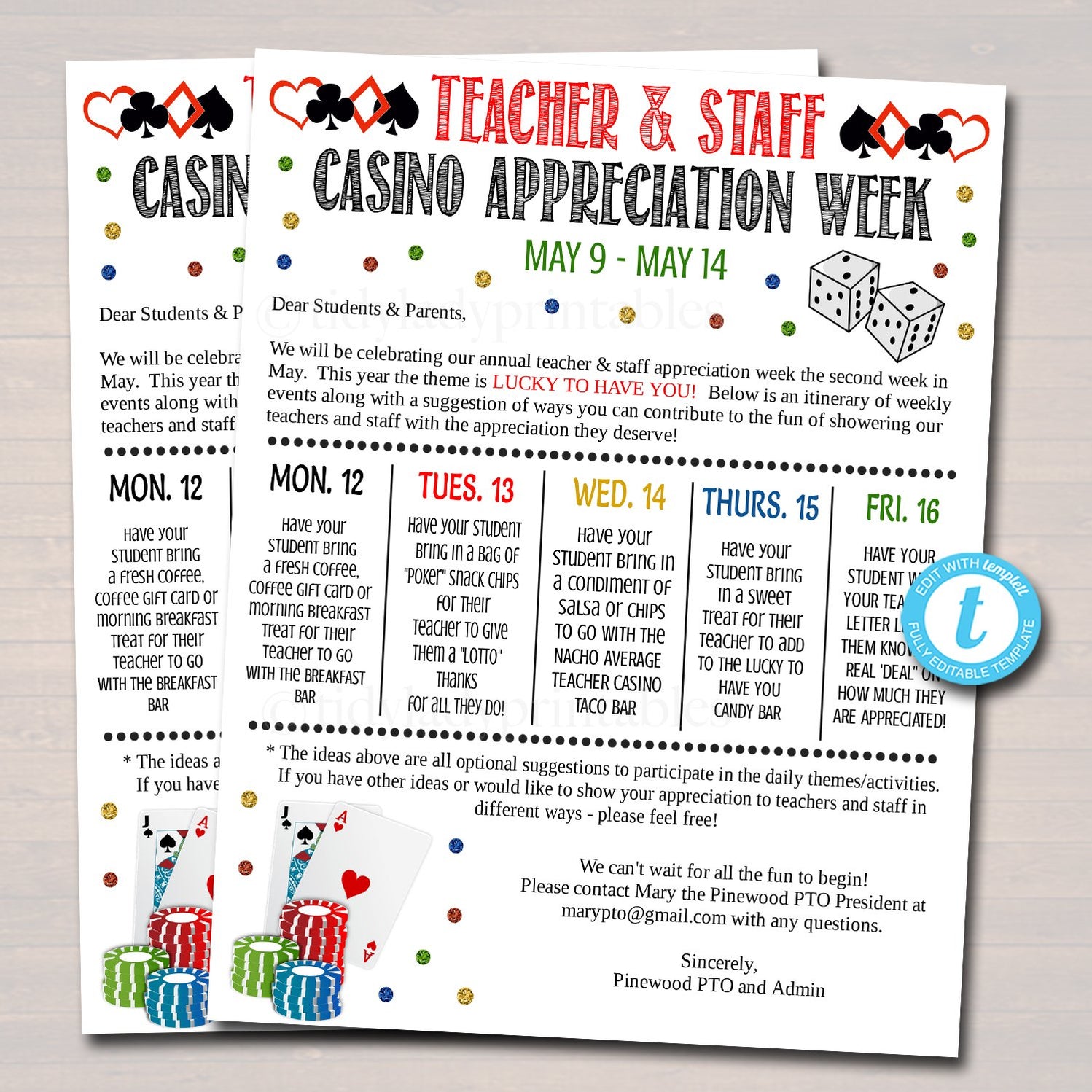 Casino Theme Teacher Appreciation Week Printable Set — TidyLady Printables