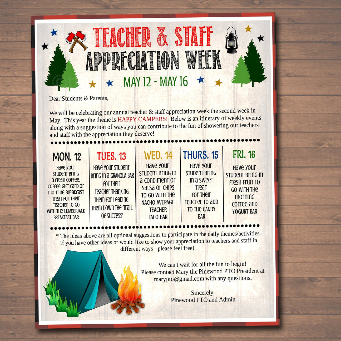 Camping Theme Teacher Appreciation Week Calendar Printable — TidyLady ...