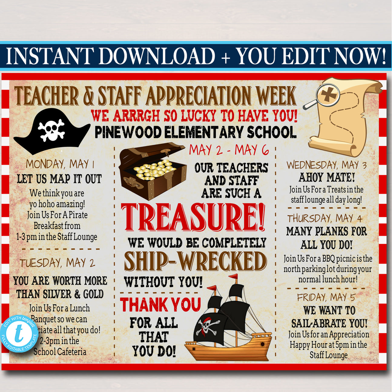 Pirate Theme Staff Teacher Appreciation Week Event Printable — TidyLady ...