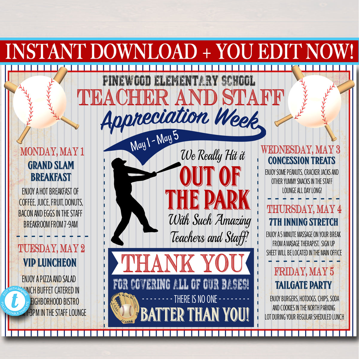 Baseball Theme Teacher Appreciation Week Itinerary Printable — TidyLady ...