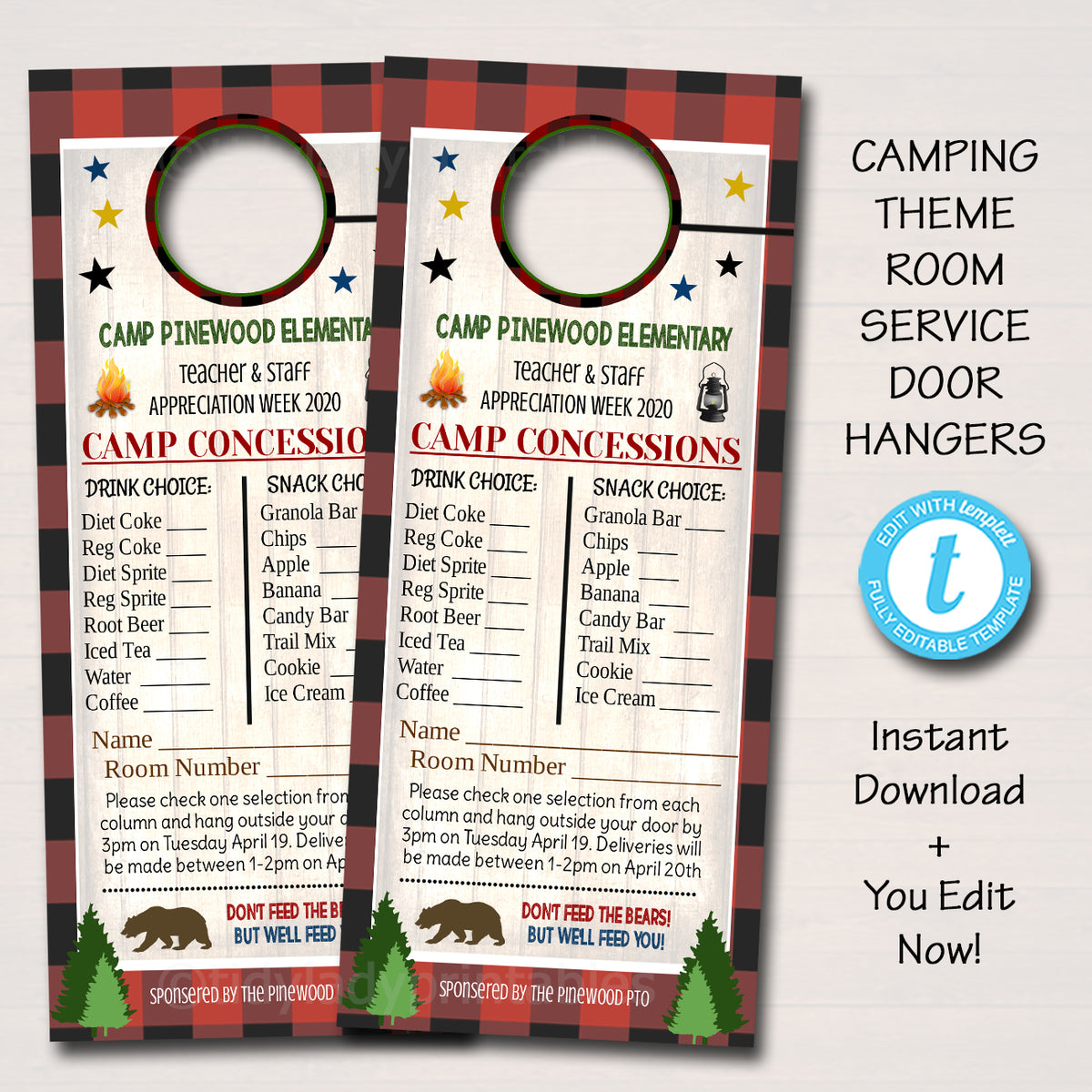 Camping Theme Teacher Appreciation Room Service Door Hangers — TidyLady ...