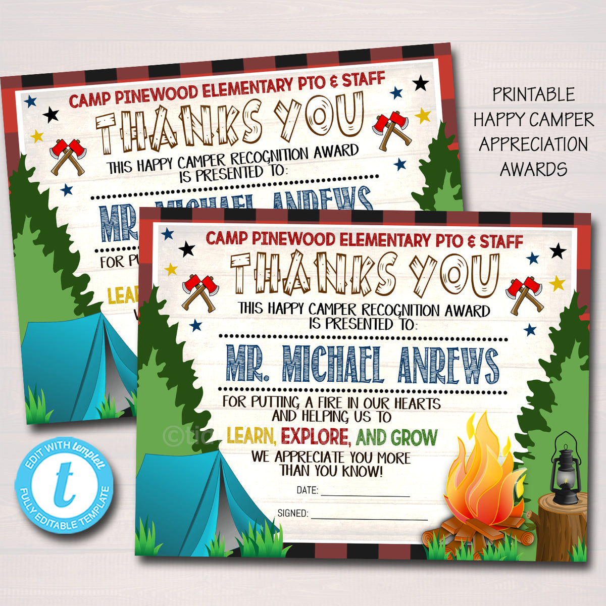 Camping Theme Teacher Appreciation Week Printable Awards — TidyLady ...