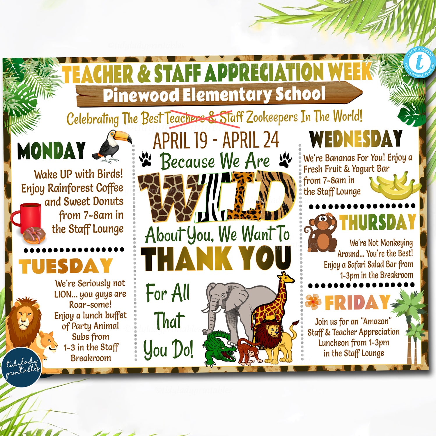 Jungle Zoo Theme Teacher Appreciation Week Itinerary Printable ...