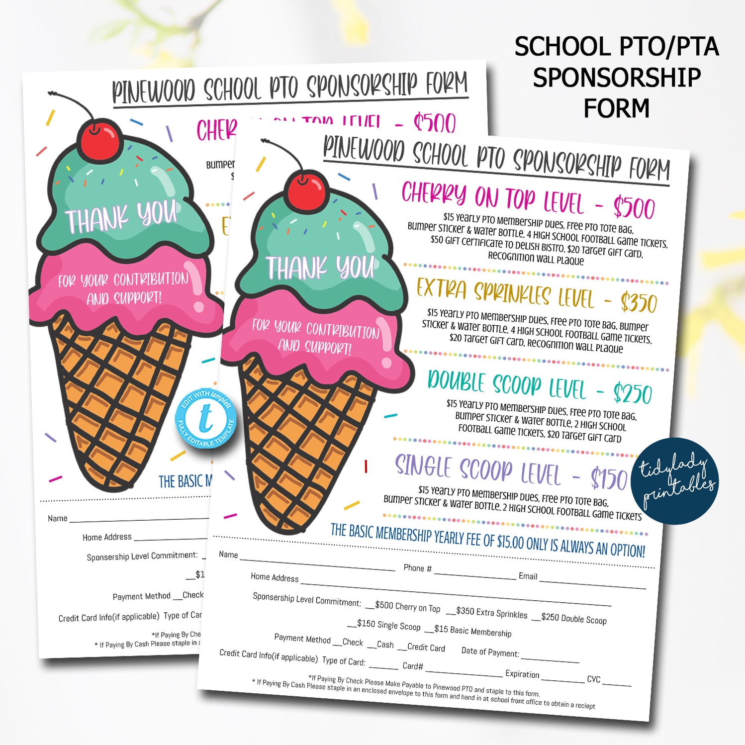 School Pto Pta Donations Sponsorship Form Ice Cream Template — TidyLady ...