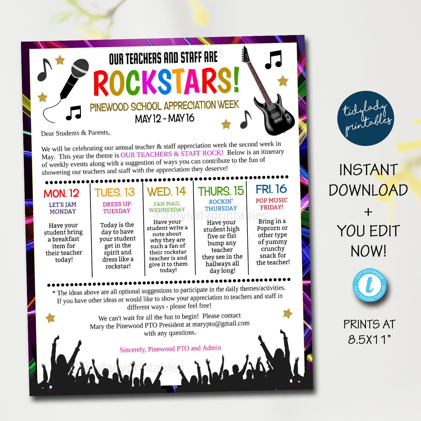 Rockstar Theme Teacher Appreciation Week Printable Party Set — TidyLady ...