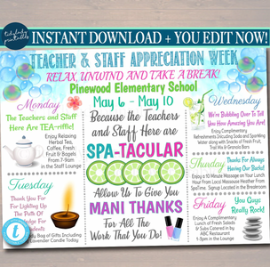 Spa Theme Teacher Appreciation Week Set | Tidylady Printables ...