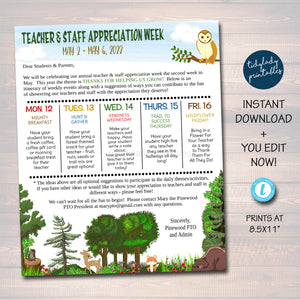 Forest Theme Teacher Appreciation Week Itinerary Template — TidyLady ...