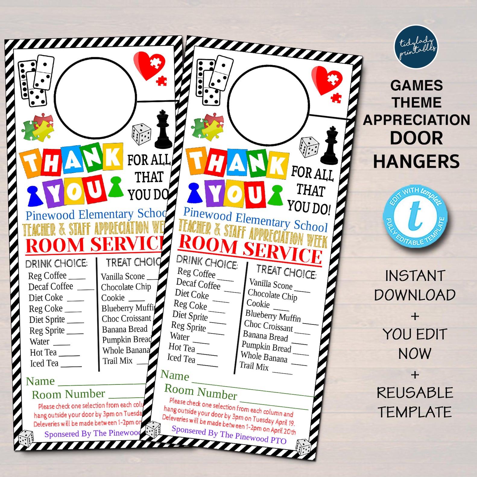 Games Room Service Door Hangers - Teacher Appreciation Week — TidyLady ...