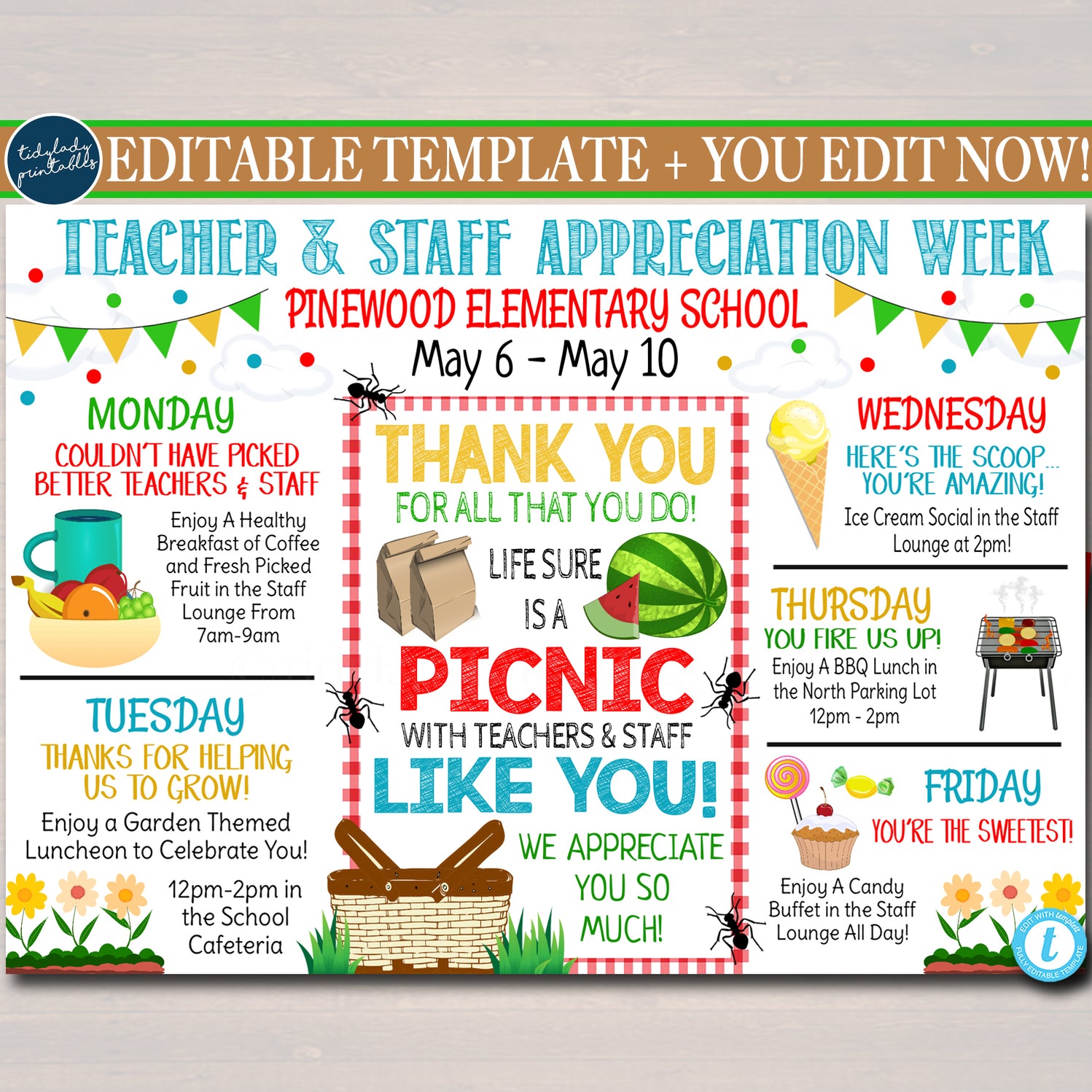Picnic Theme Teacher Appreciation Week Itinerary Printable — TidyLady ...