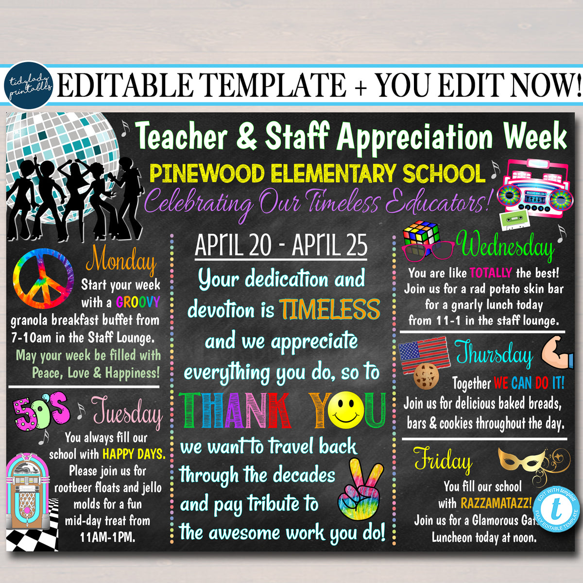 Decades Theme Teacher Appreciation Week Event Printable — TidyLady ...