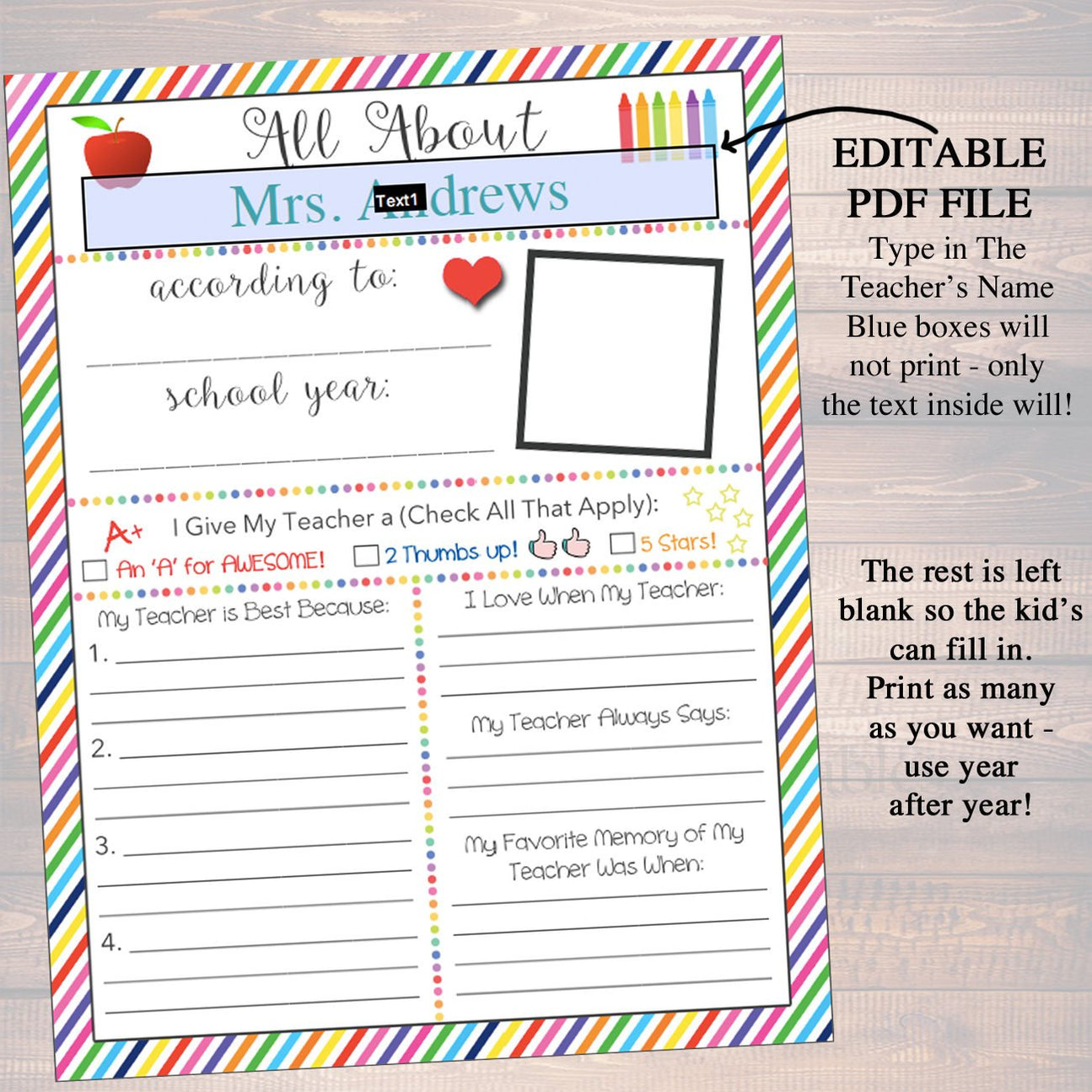 Teacher Appreciation Gift - End of School Year About Me Page — TidyLady ...