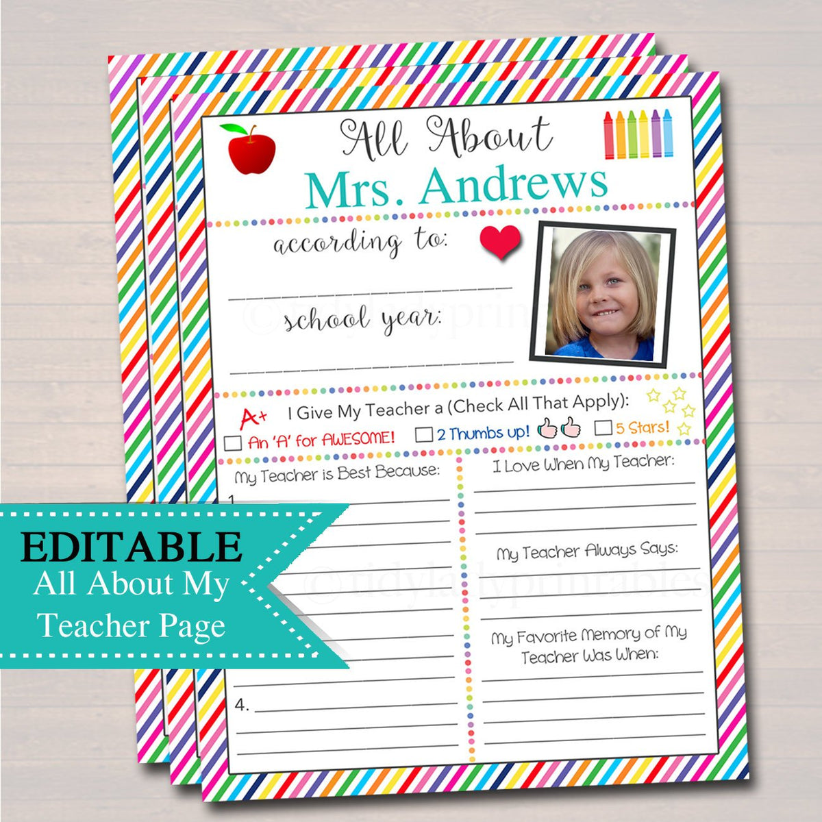 Teacher Appreciation Gift - End of School Year About Me Page — TidyLady ...