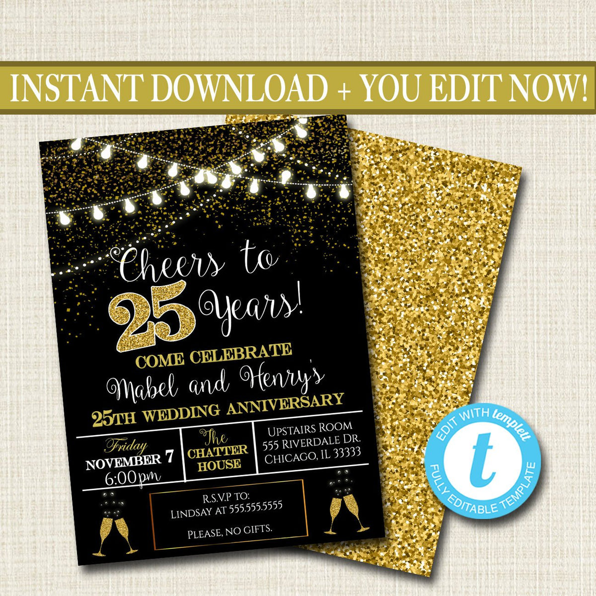 25th Party Invitation, Birthday Printable Cheers to Twenty Five Years ...