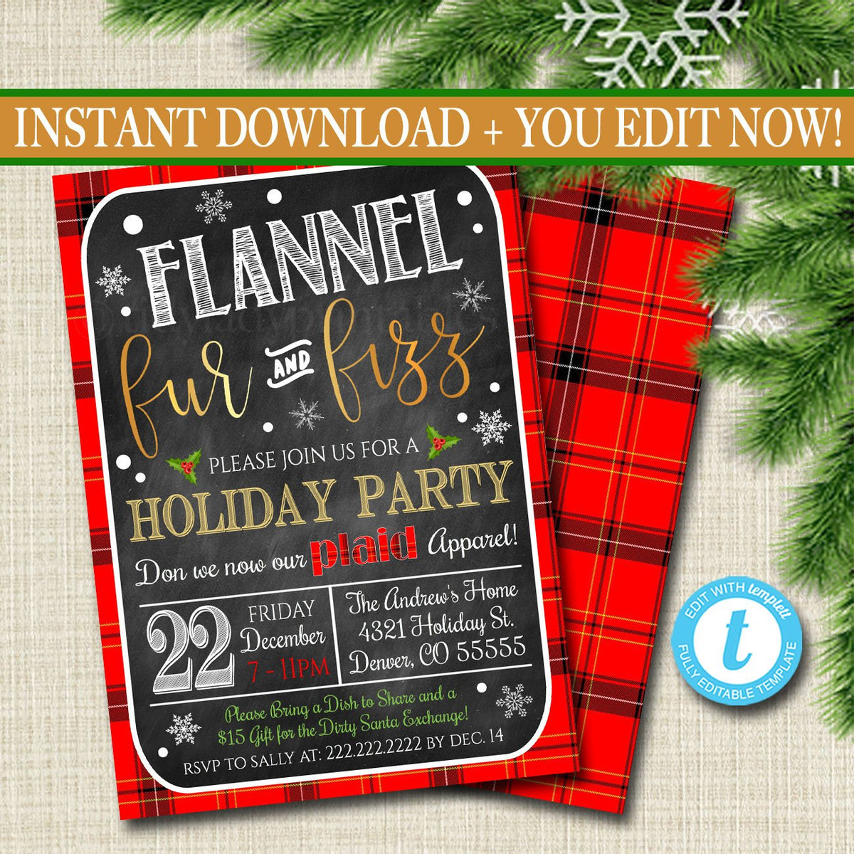Flannel Fur & Fizz Christmas Party Invitation — TidyLady Printables