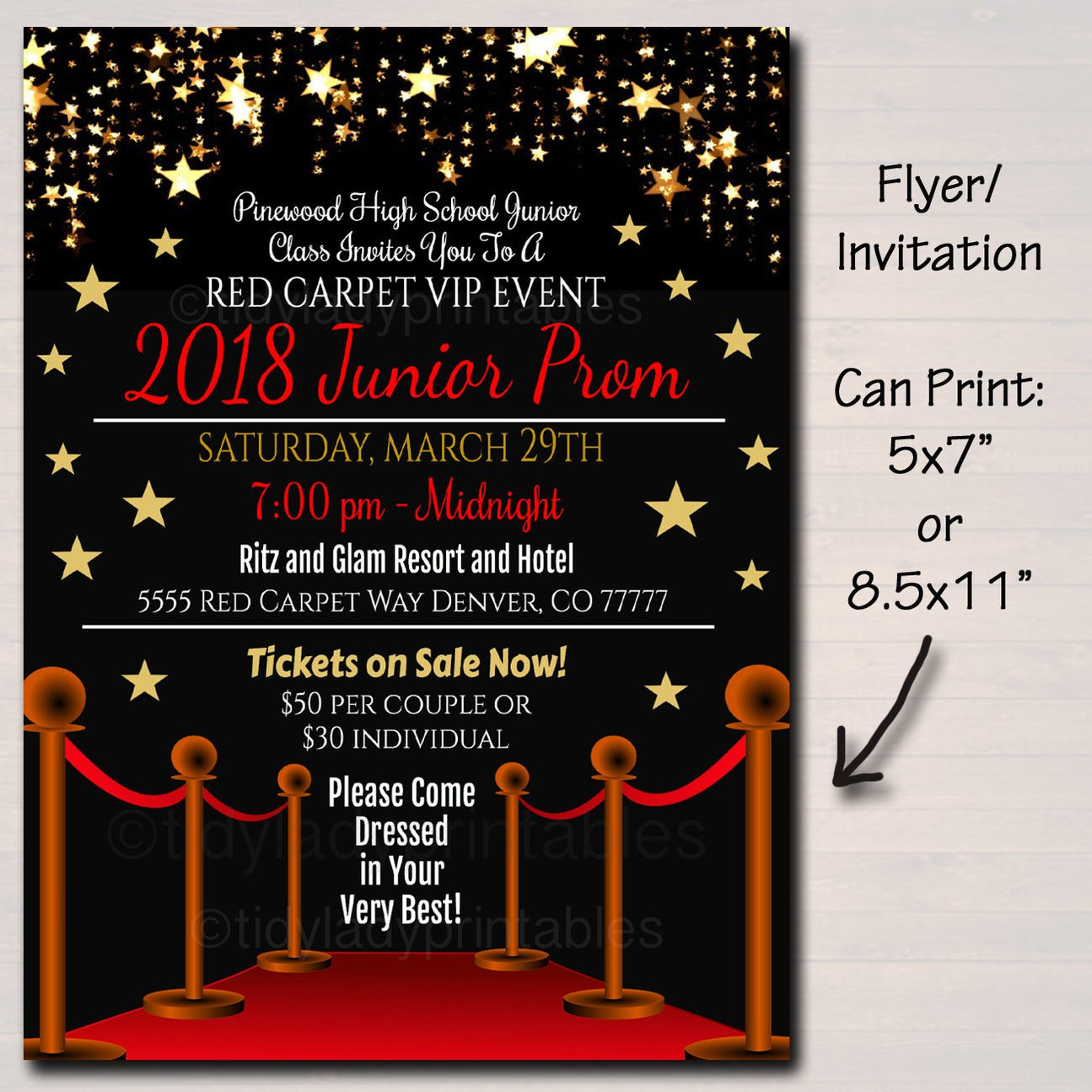 Prom Set, School Dance Flyer Invitation, Ticket Hollywood Red Carpet U ...