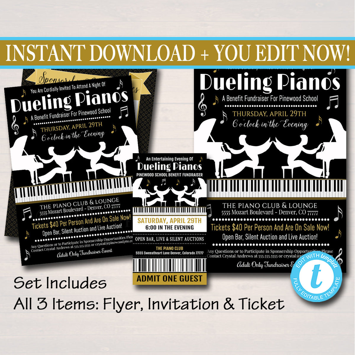 Dueling Pianos Benefit Fundraiser Invite Template Set — TidyLady Printables