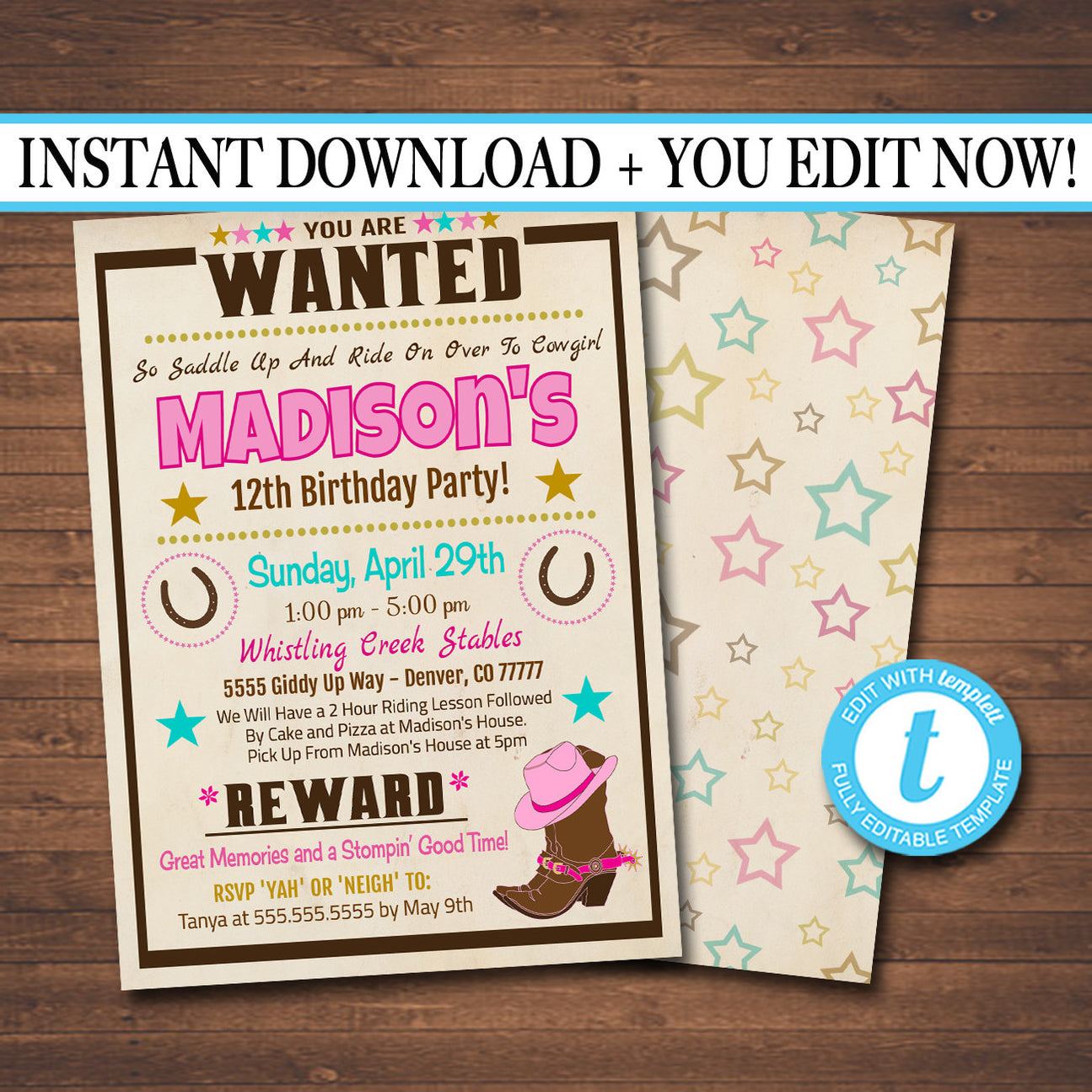 Cowgirl Birthday Invitation, Western Theme Party Invite, Horse Stable ...