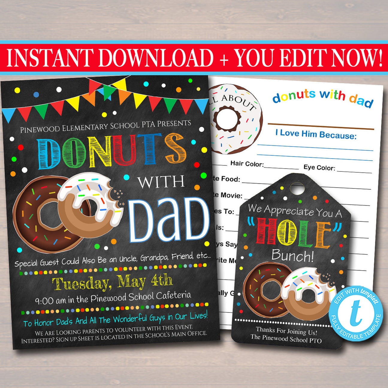 School Donuts With Dad Invite Template Set And Gift Tags — TidyLady ...