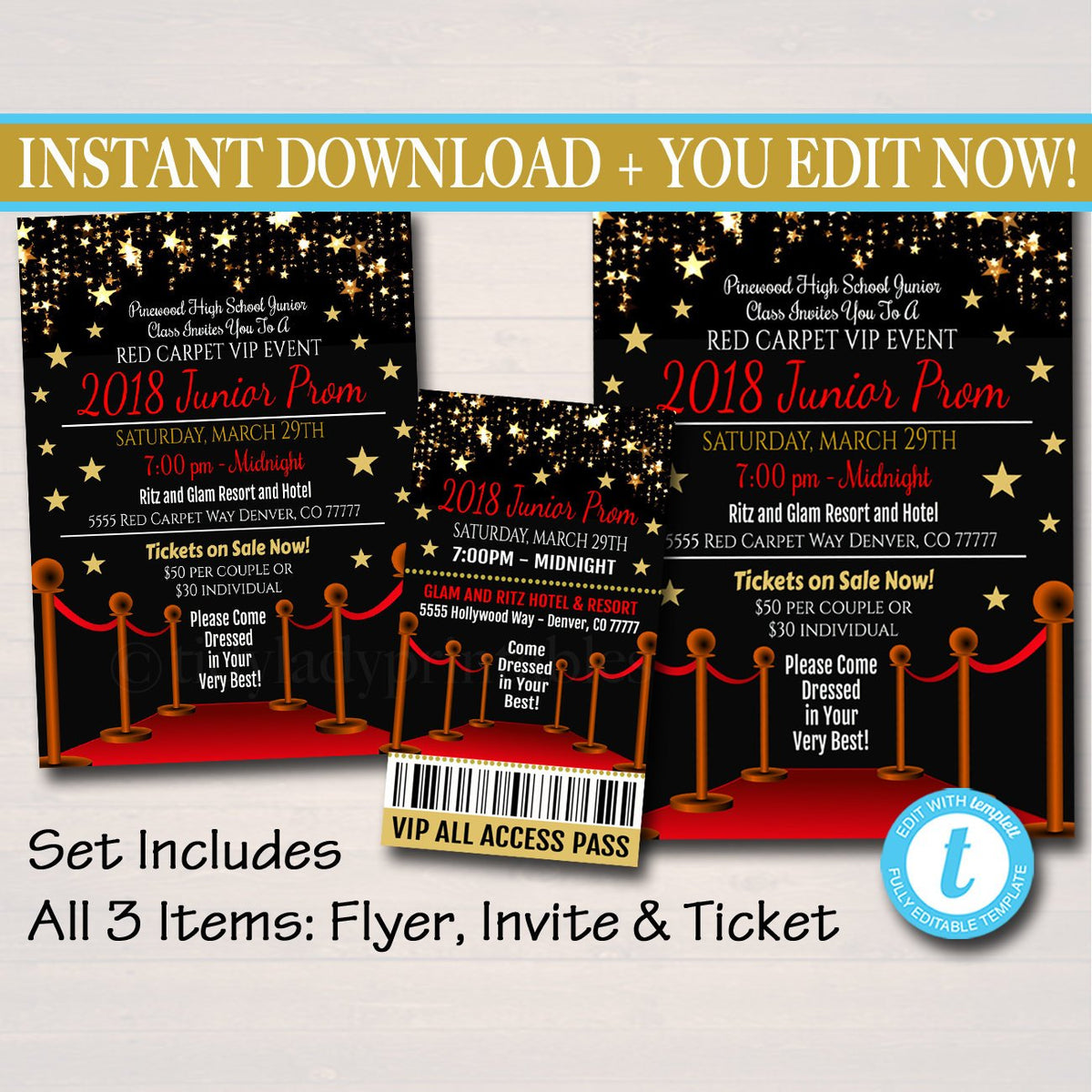 Prom Set, School Dance Flyer Invitation, Ticket Hollywood Red Carpet U ...