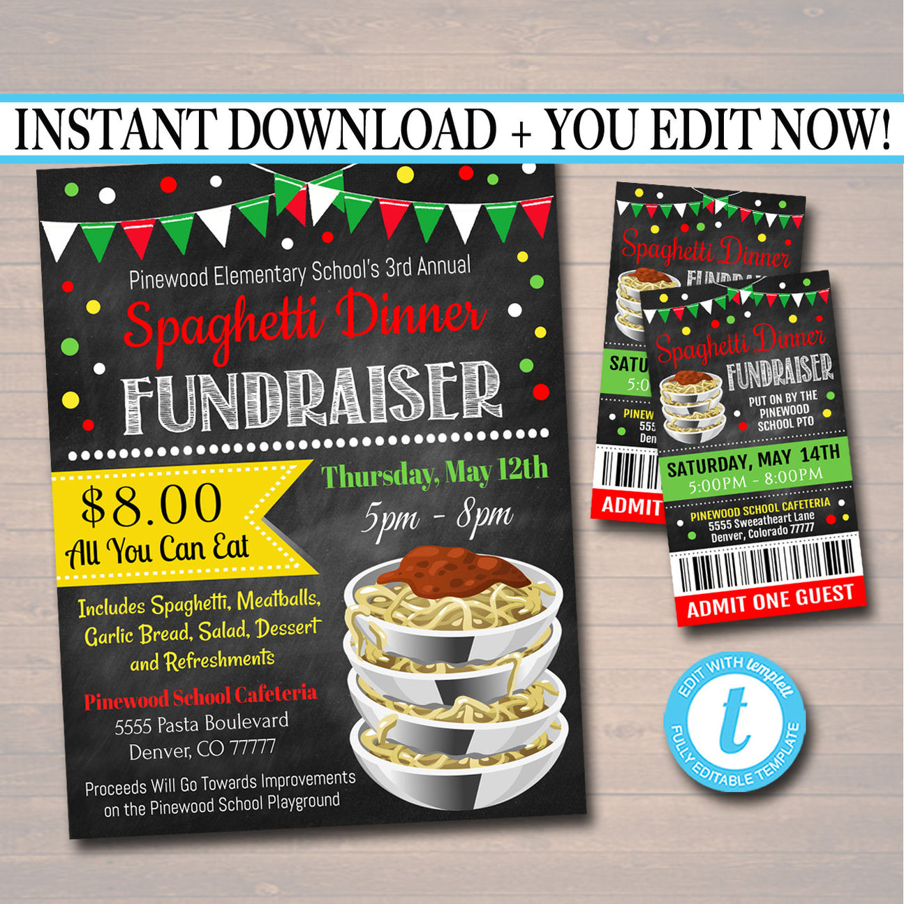 Spaghetti Dinner Fundraiser Flyer Ticket Set Template — TidyLady Printables