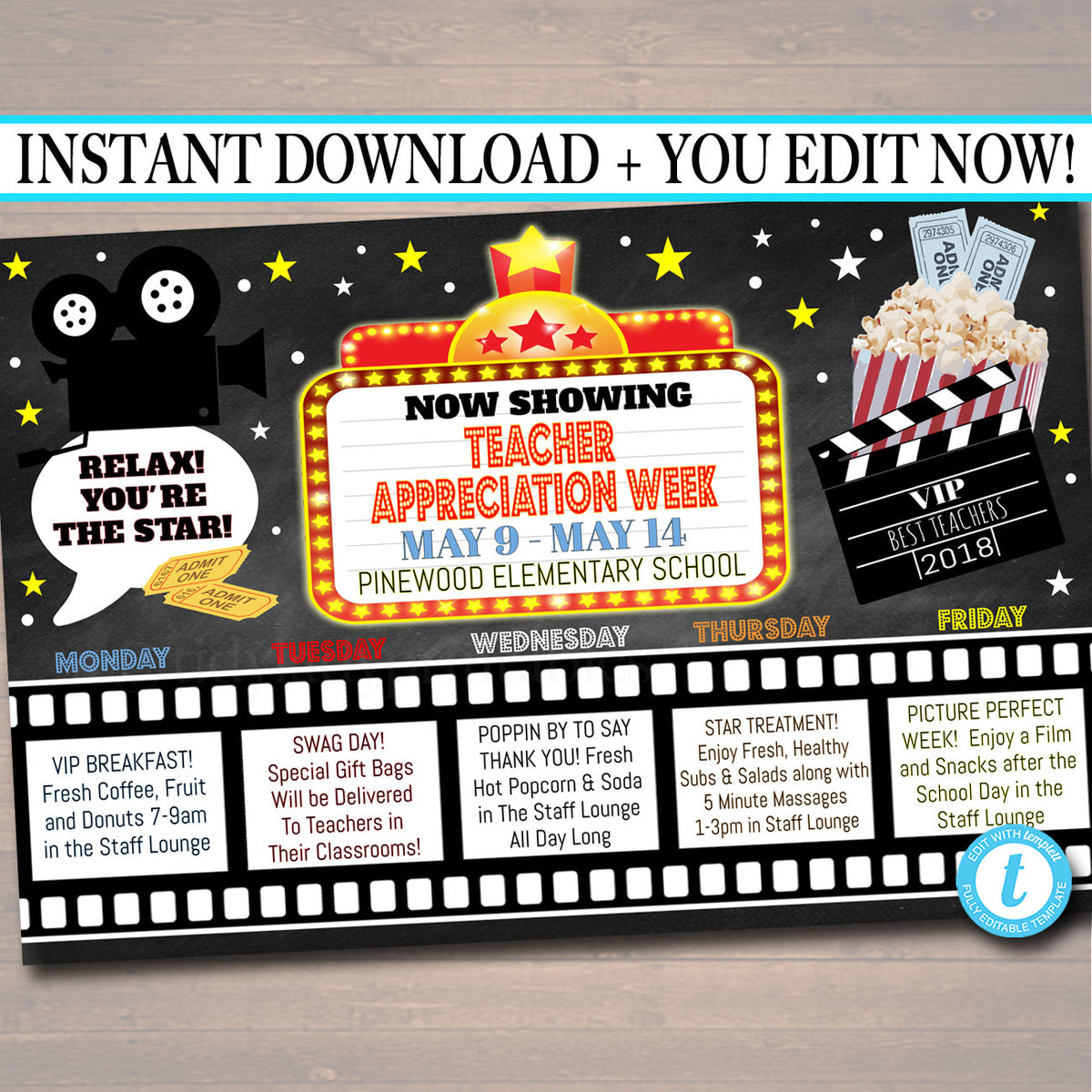 Cinema Movie Star Theme Teacher Appreciation Week Printable — TidyLady ...