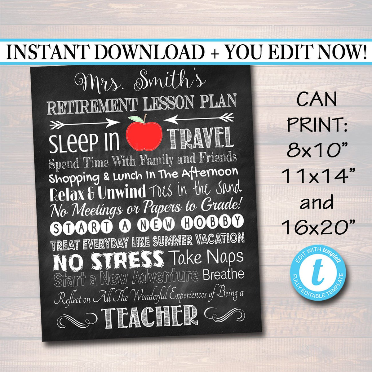 Teacher Retirement Gift, Chalkboard Printable Teacher Poster Sign, Ret ...