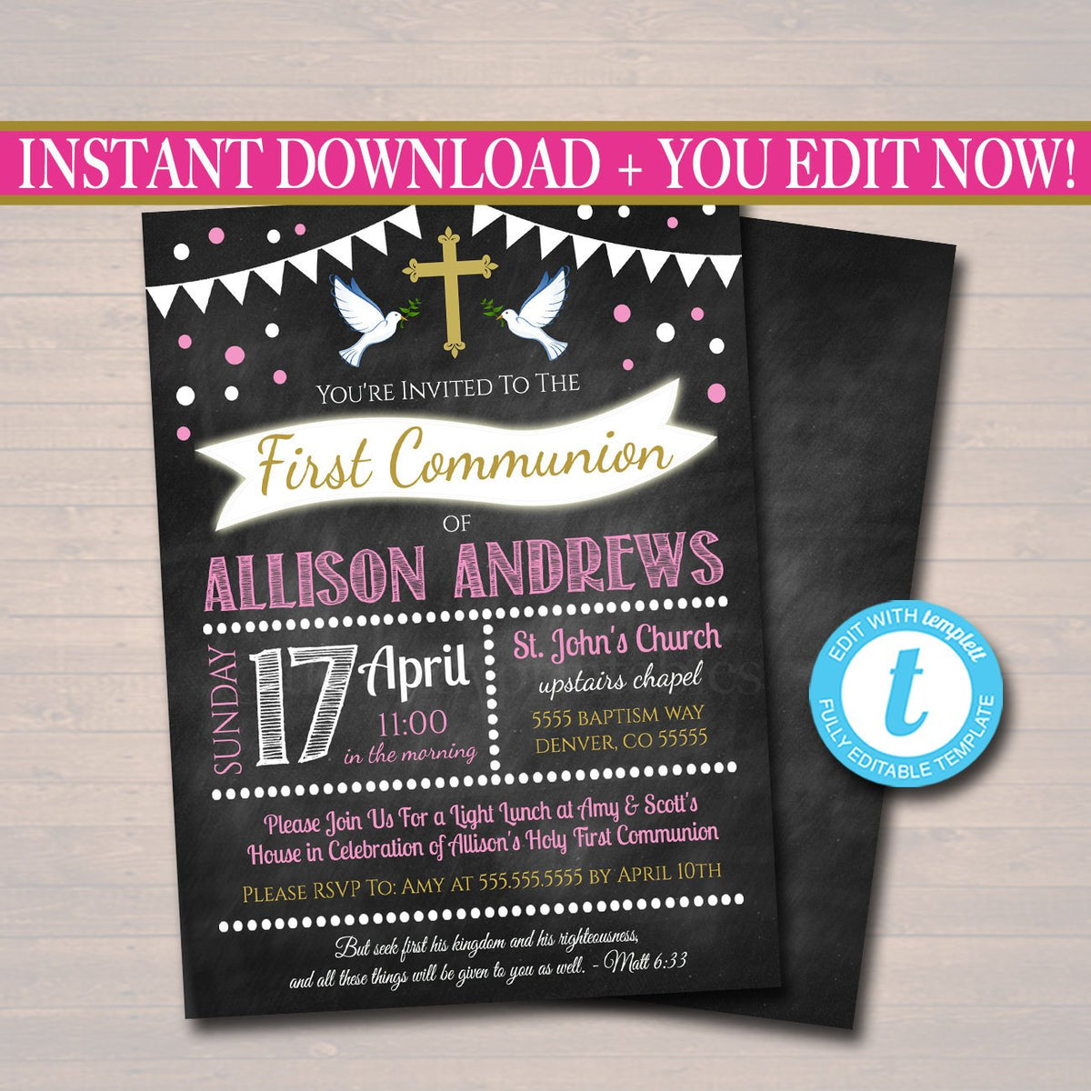 First Communion Invitation, Christian Religious Invite, Diy Invitation ...