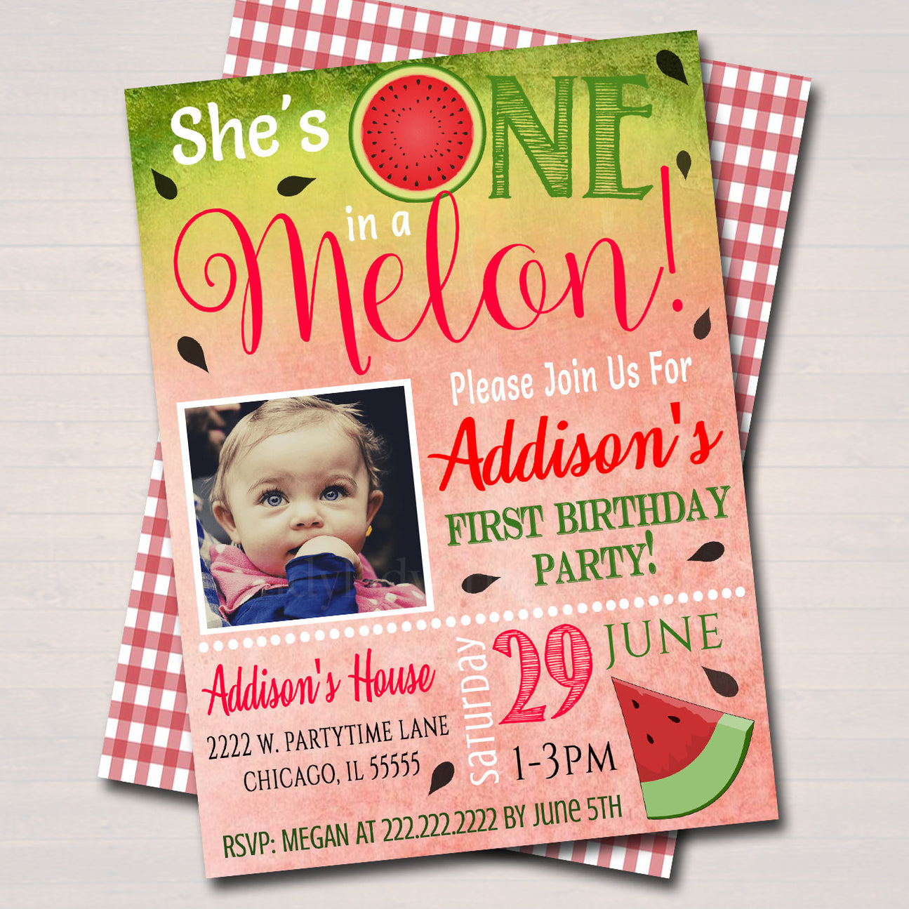 One in a Melon Party Birthday Invitation, Girls First Birthday 1 Year ...