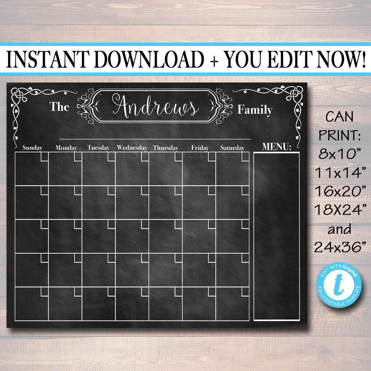 Printable Family Calendar Chalkboard Wall Art, Command Center, Family ...
