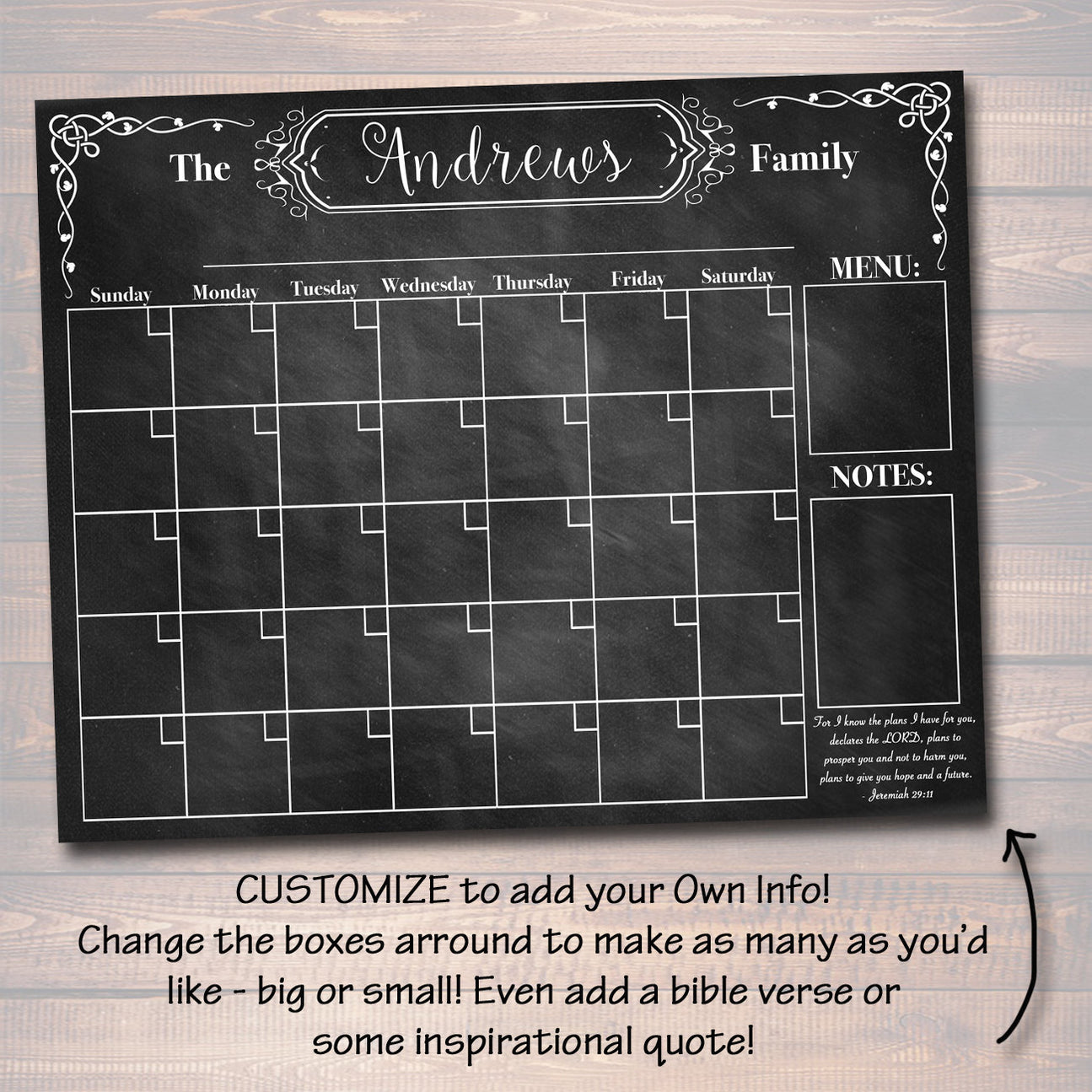 Printable Family Calendar Chalkboard Wall Art, Command Center, Family ...