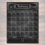 Printable Family Calendar Chalkboard Wall Art, Command Center, Family ...